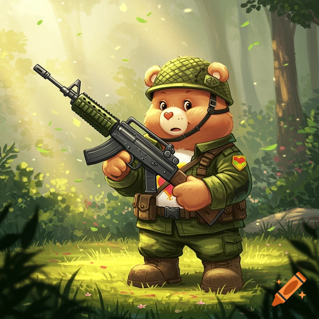 A happy, muscular cartoon polar bear stands in a sunlit forest, holding ...