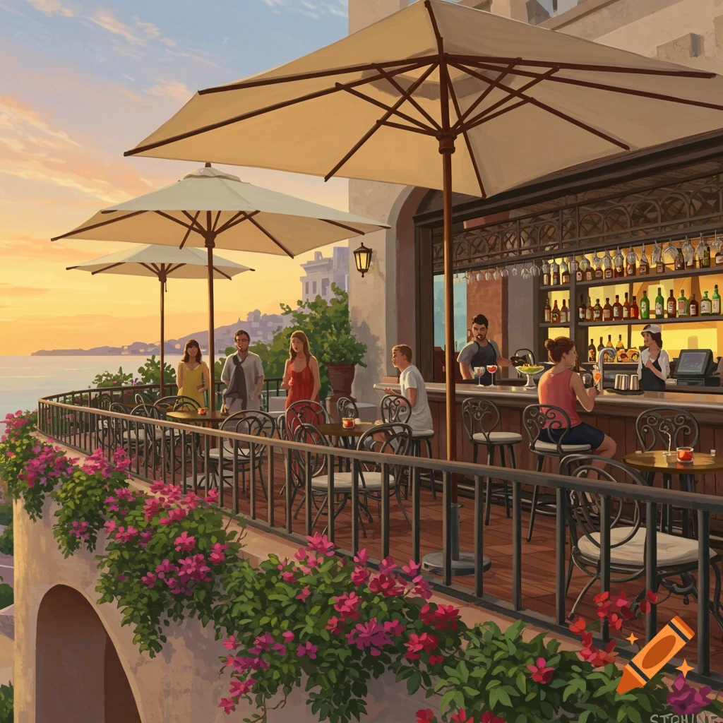 An outdoor bar area on a beautiful terrace overlooking the sea at ...