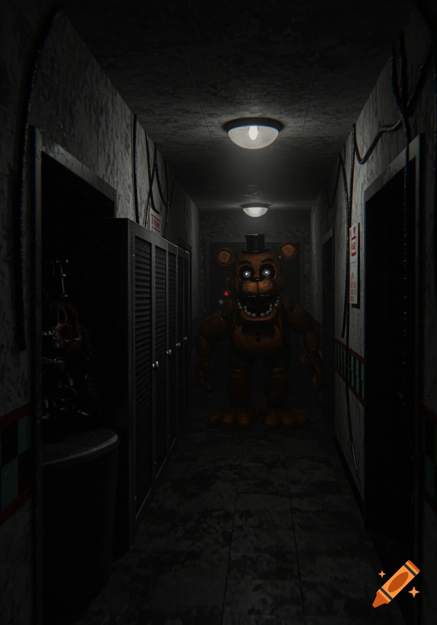 Freddy Fazbear with glowing eyes stands at the end of a dark, dusty ...