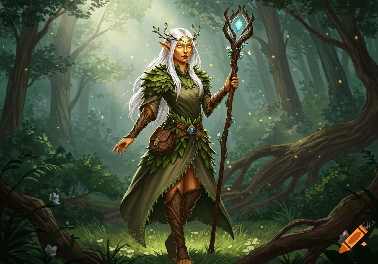 A majestic female elf druid with long purple hair and glowing green ...