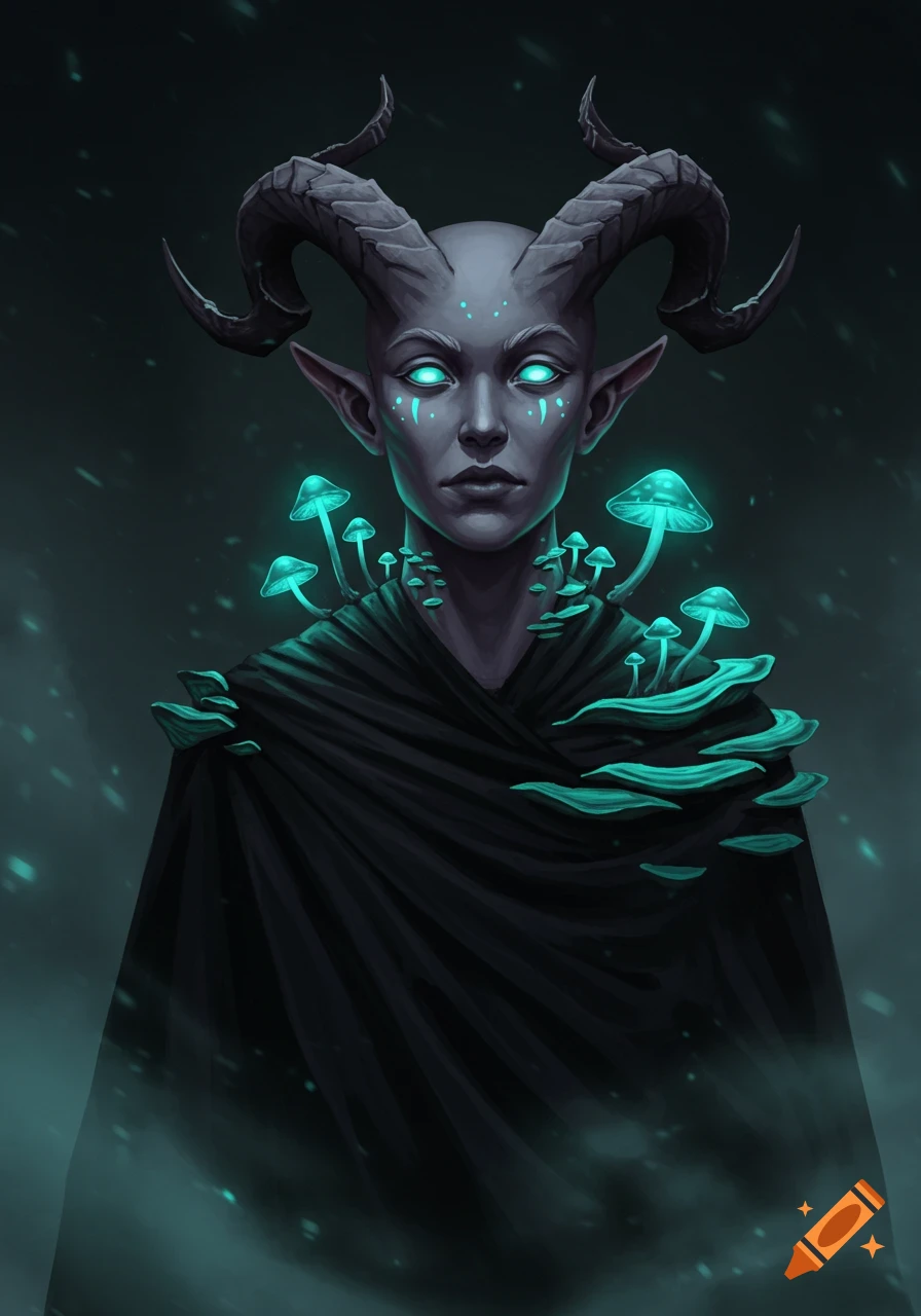 A dark fantasy portrait of a horned creature with glowing blue eyes, pale skin, and glowing teal ...
