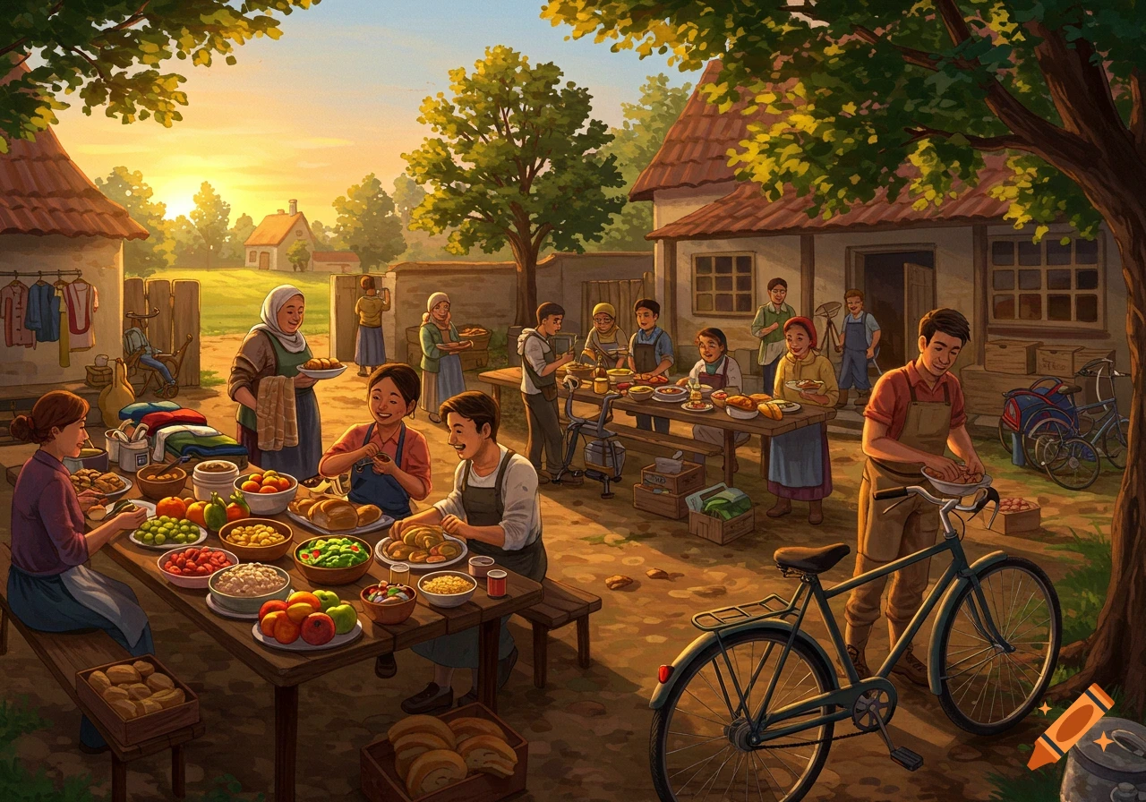 Illustrated scene of people sharing food and fixing bikes in a vibrant ...