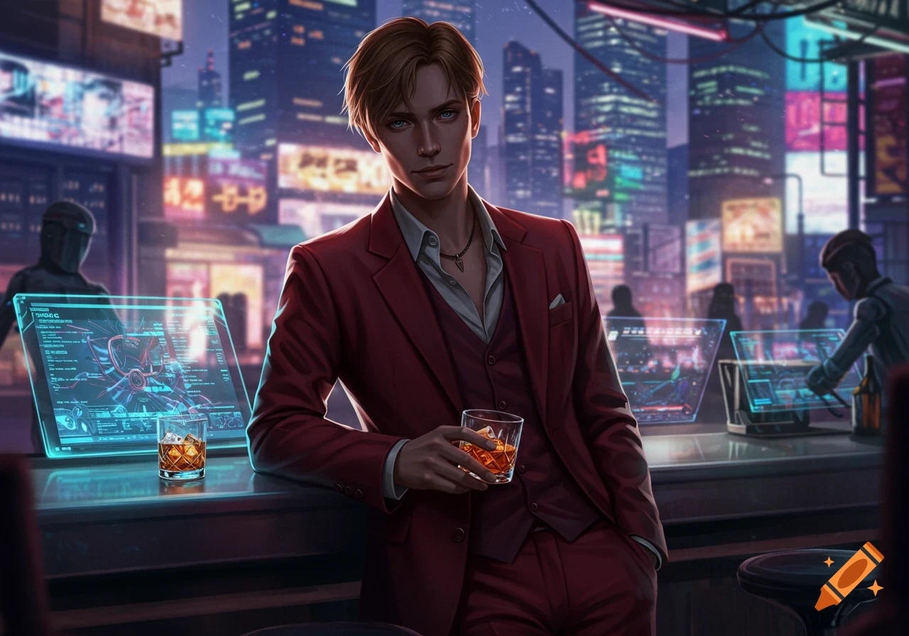 A young man with dark blonde hair in a red suit stands at a neon-lit ...