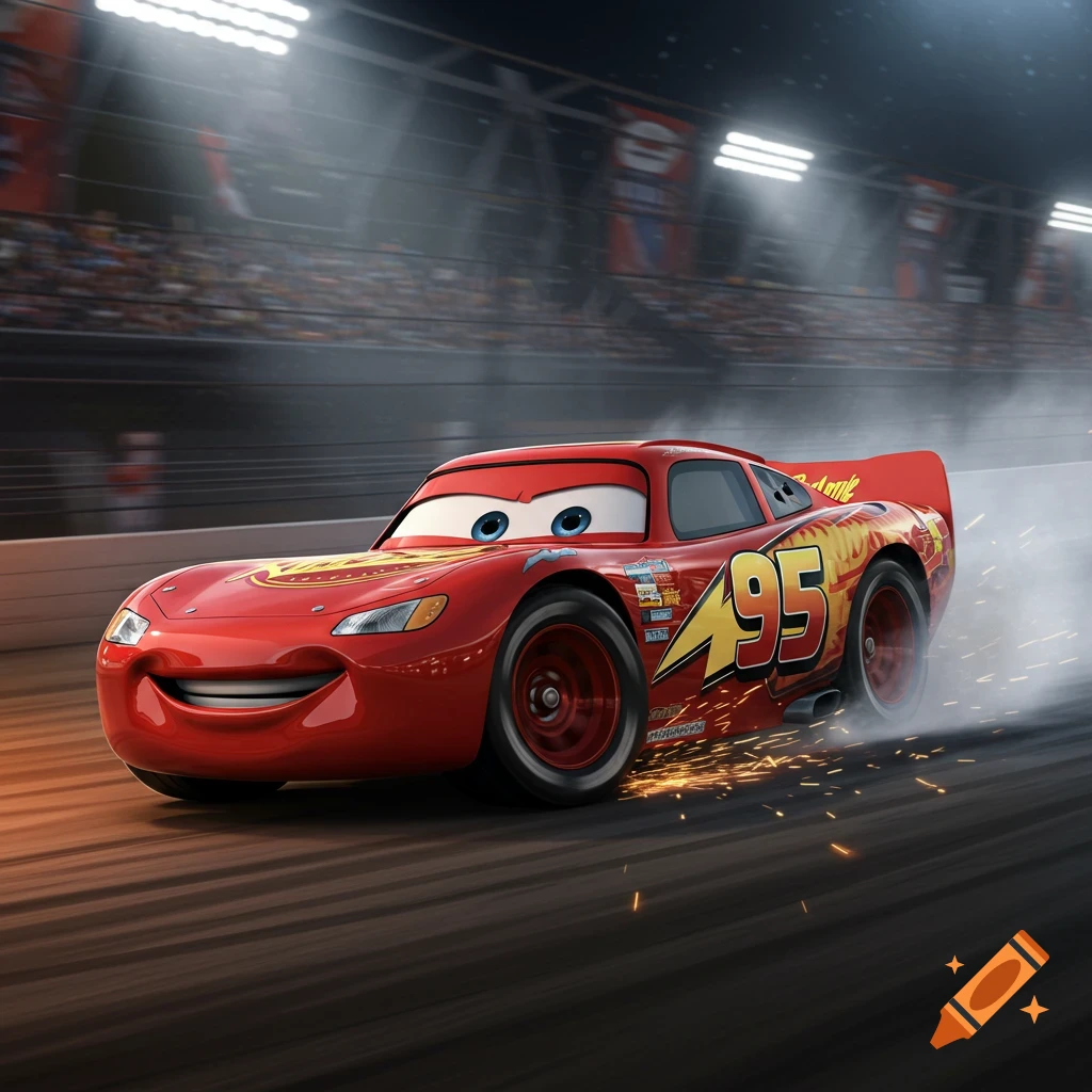 Lightning McQueen, a red race car with blue eyes, drives on a road with a flying wrench and a ...