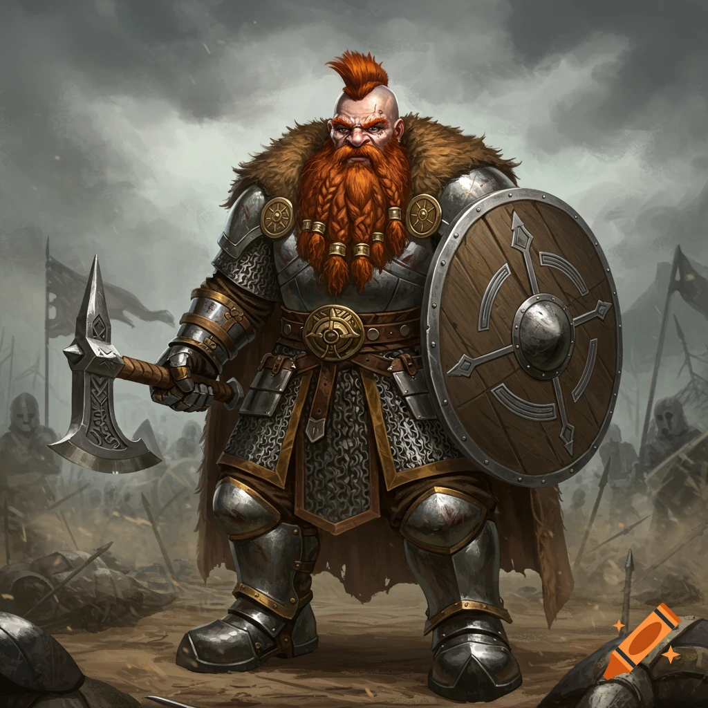 A heavily armored dwarf warrior with a braided red beard holds an axe ...