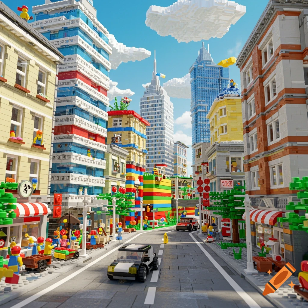 A vibrant, detailed Lego city scene with various buildings, cars, and ...