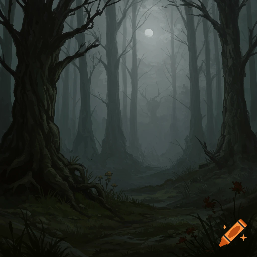 A dark, spooky forest at night, with a full moon shining through the ...