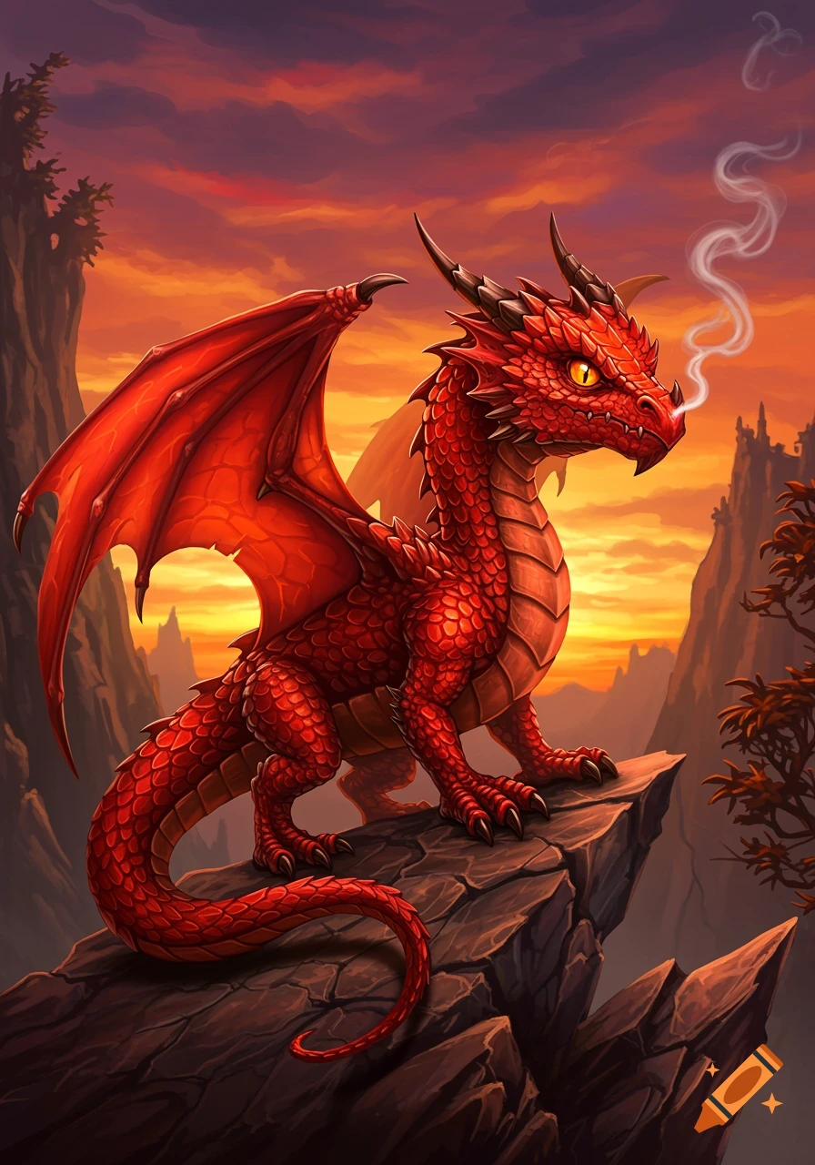 A stylized red dragon with yellow eyes perches on a rocky cliff ...