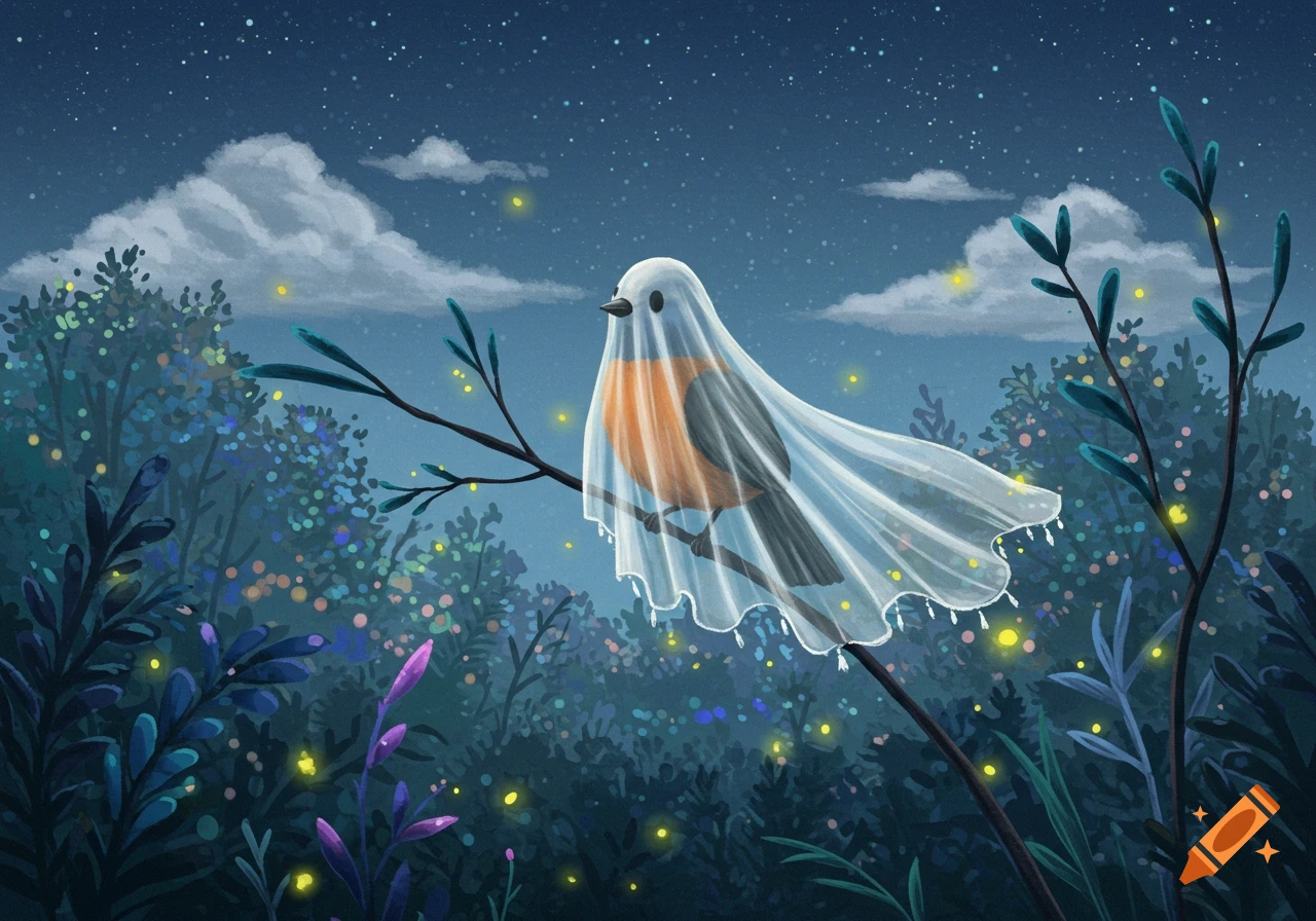 A girl looks at a glowing ghost in a dark forest, digital illustration. on Craiyon