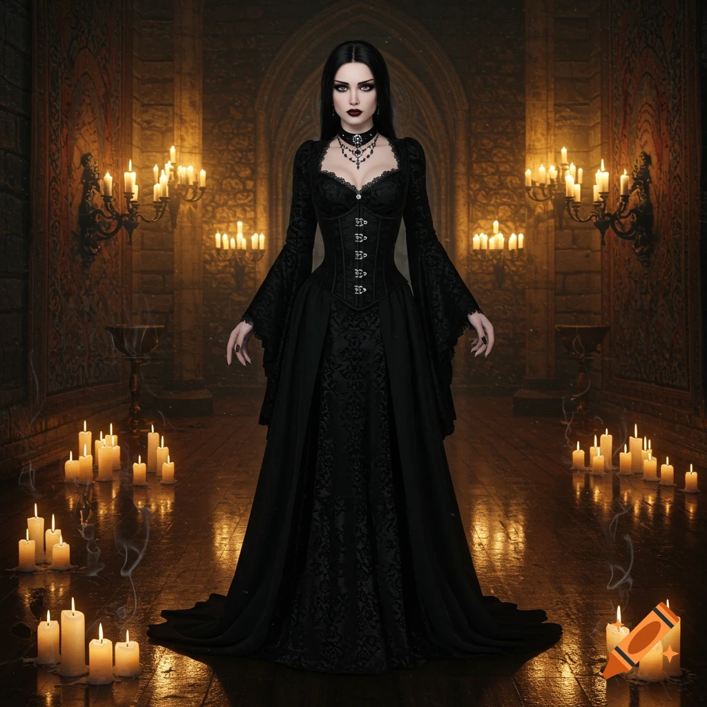 A gothic woman with long dark hair and a black dress stands in a ...