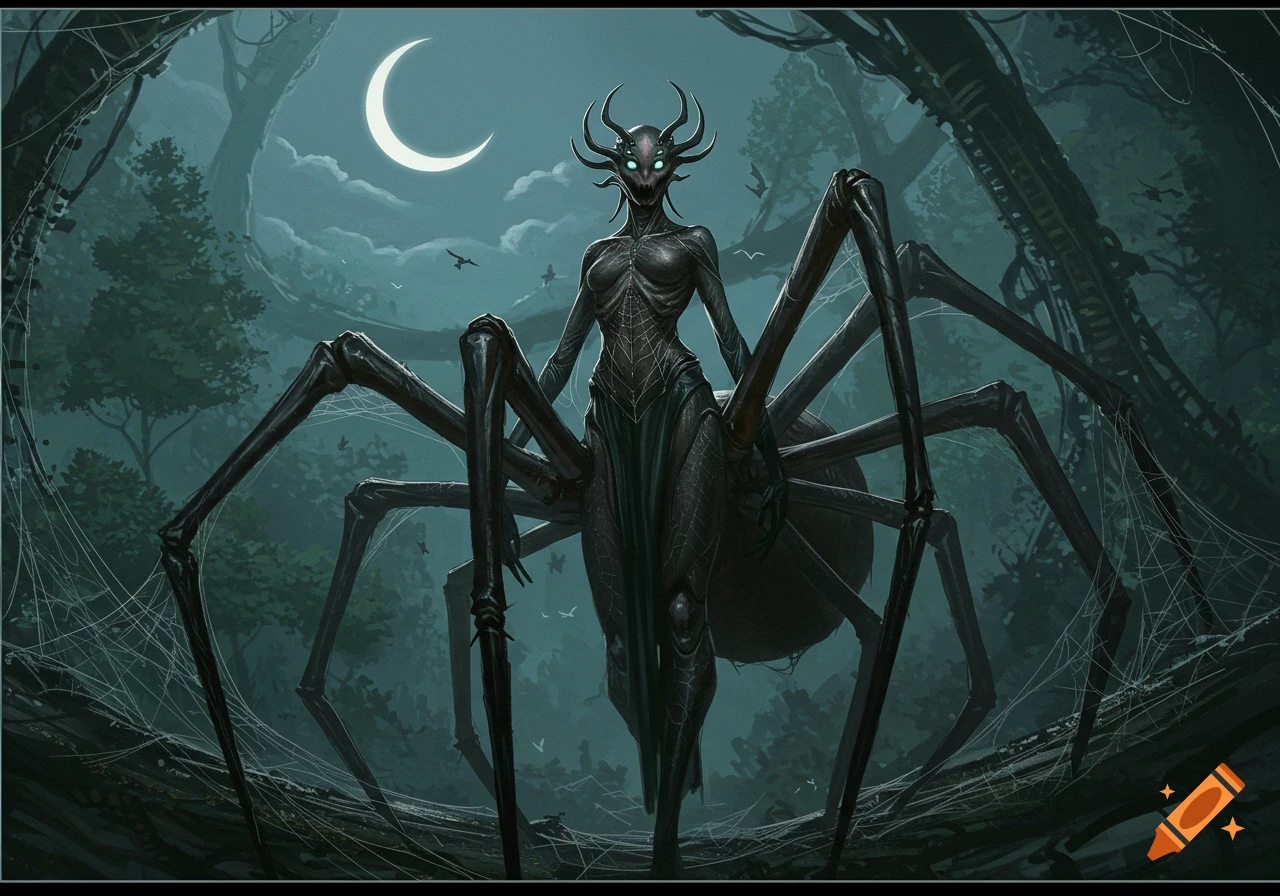 A dark fantasy illustration of a spider-human hybrid creature standing ...