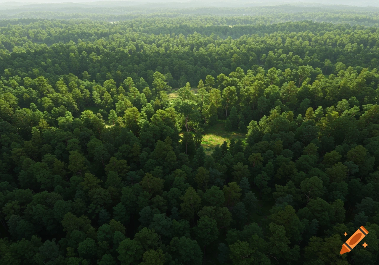 An aerial view of a dense green forest stretching to the horizon under natural light. on Craiyon