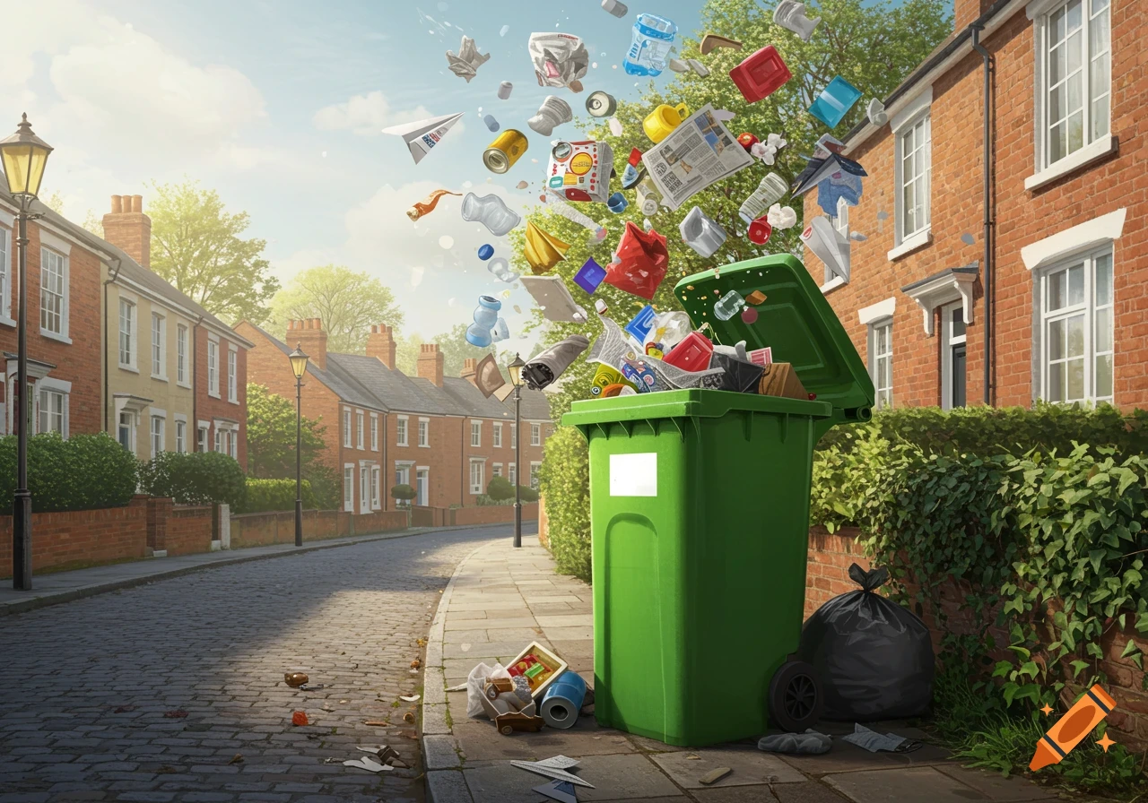 A green wheelie bin overflowing with trash and debris flying out onto a ...