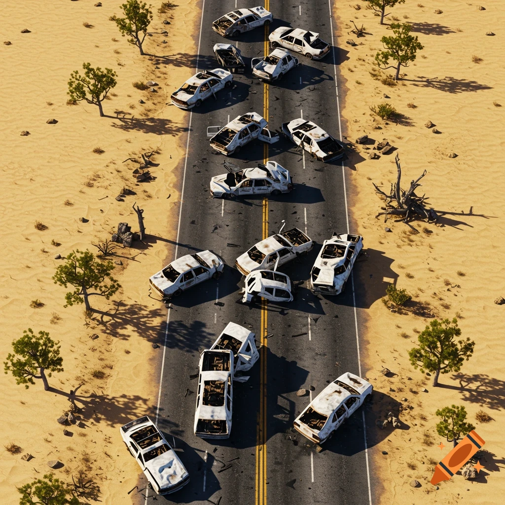 Overhead view of a desert road filled with numerous scorched and ...