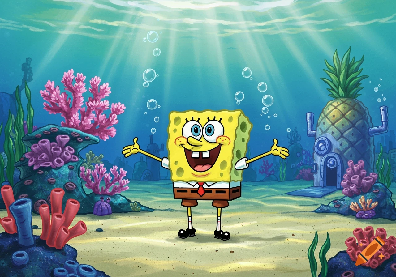 Spongebob Squarepants smiling with arms outstretched in the vibrant ...