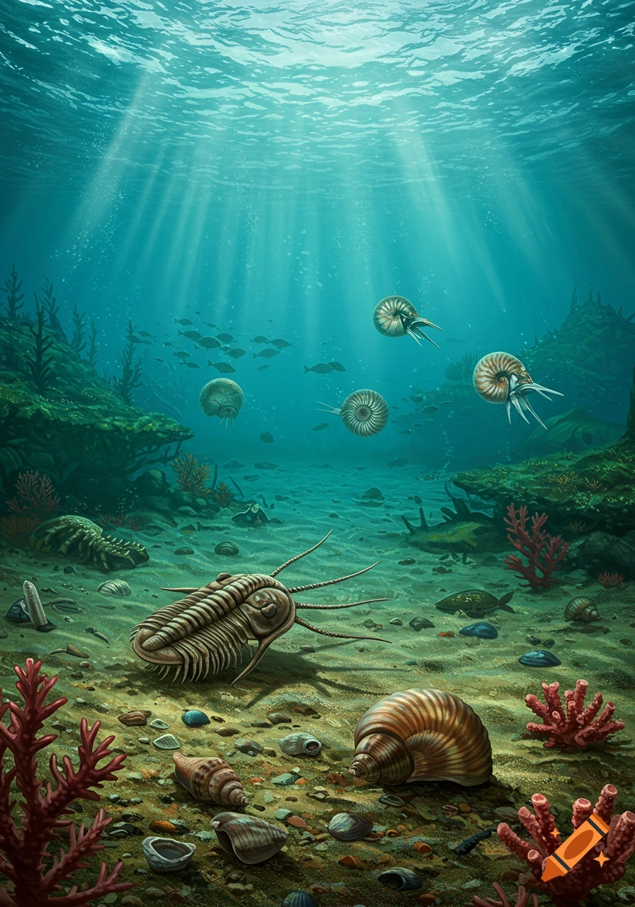 A surreal split-level ocean scene with abstract organic forms ...