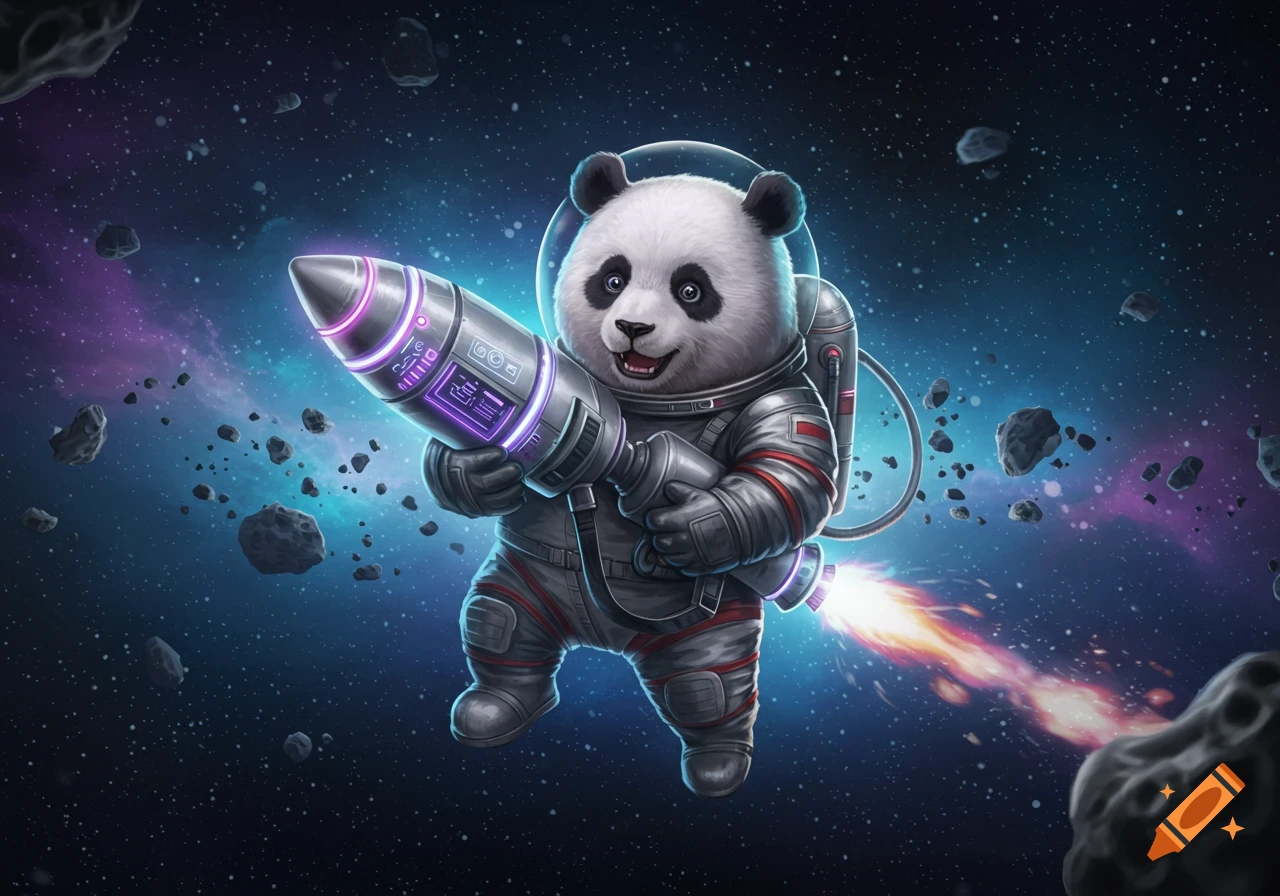 A cute cartoon panda in an astronaut suit floats in space, holding a large futuristic rocket ...