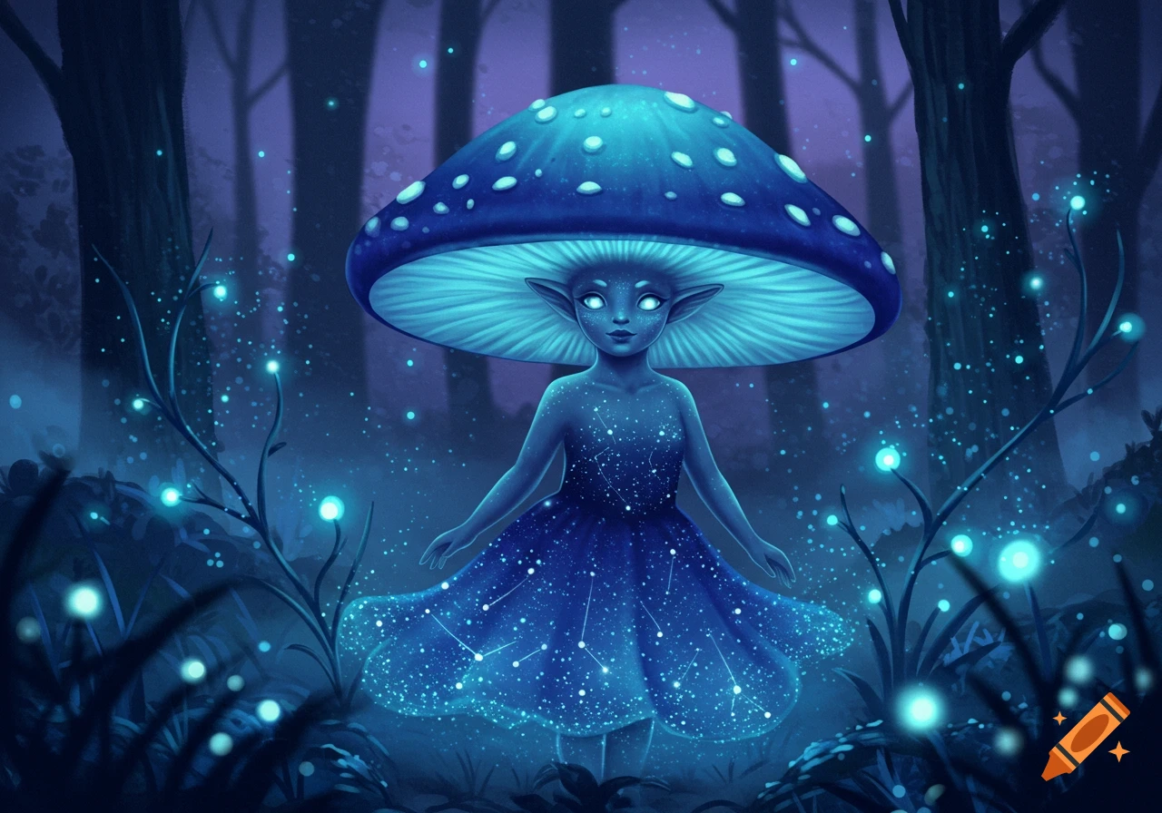 A blue elf-like creature with a mushroom hat and a starry dress stands ...