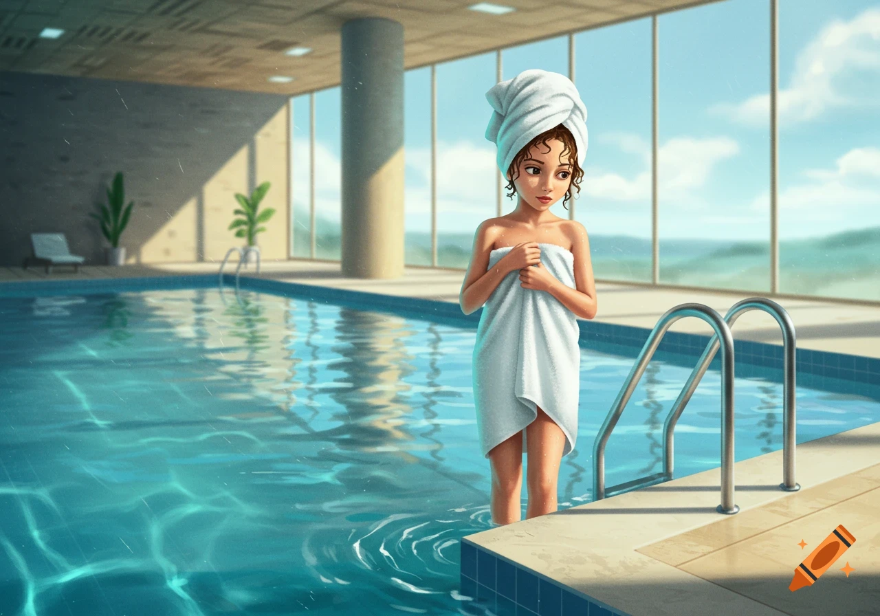 Empty indoor children's swimming pool with blue tiles, water features ...