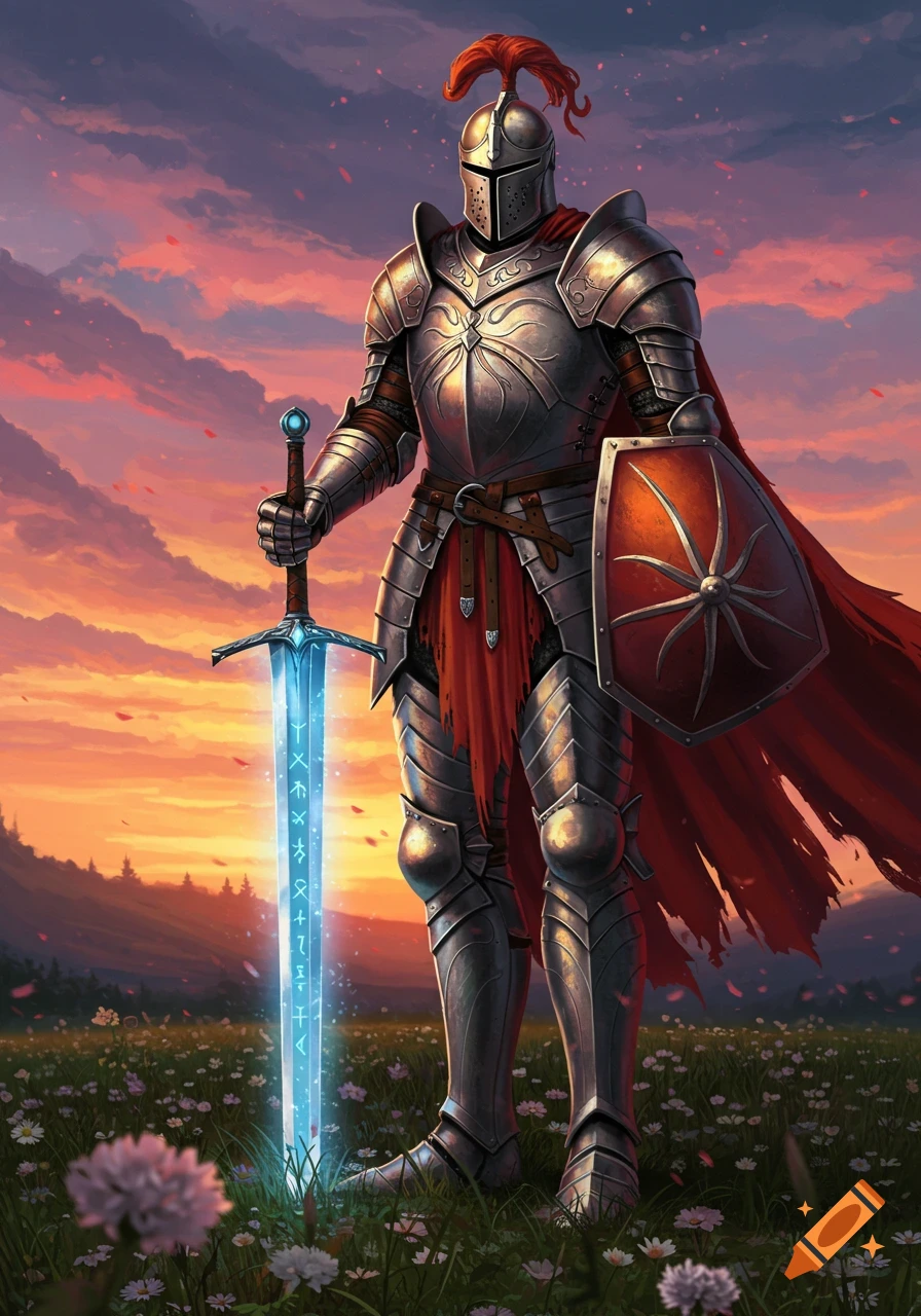 A knight in shining white, gold, and red armor stands with a sword and ...