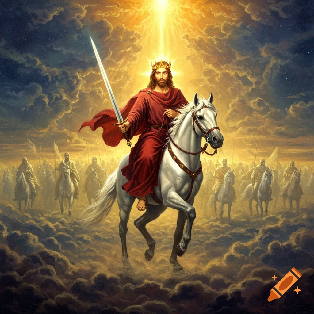 Cowboy Jesus with a halo stands next to a saddled horse, holding a ...