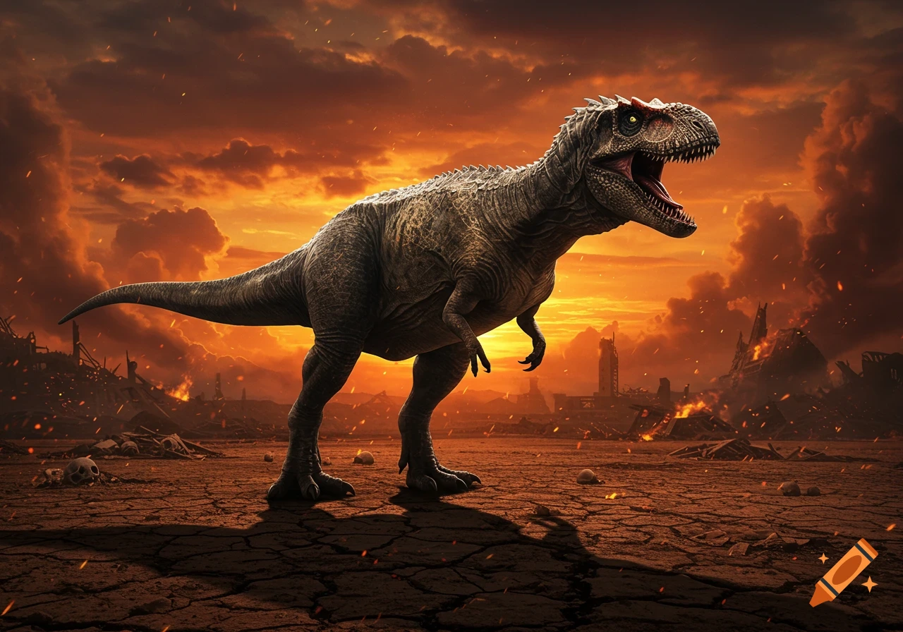 A powerful green T-Rex brandishes a spiked mace on a cracked plain as ...