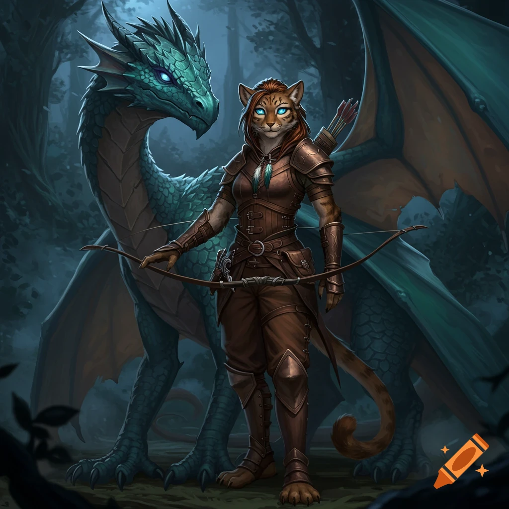 A female cat-like ranger in leather armor with a bow stands beside a ...