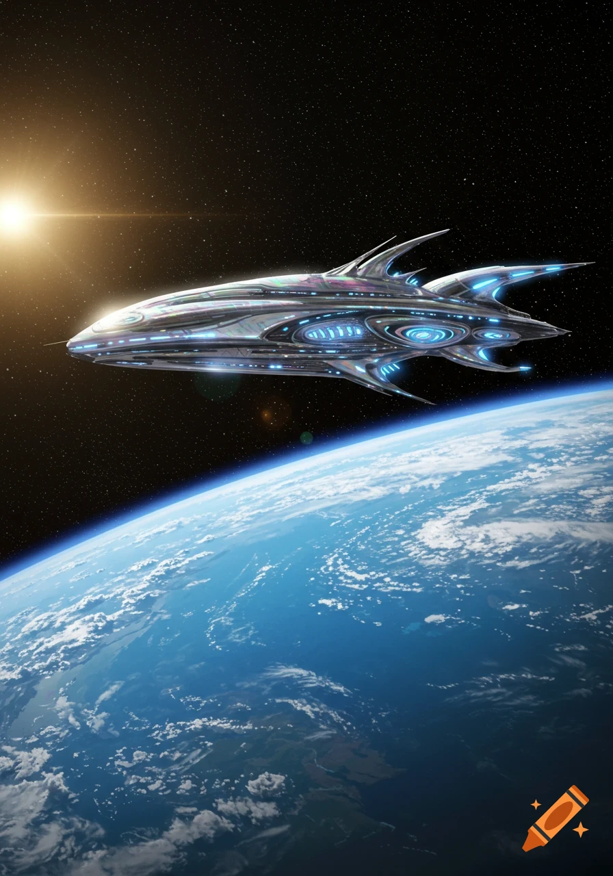 A futuristic alien spaceship with glowing blue lights orbits Earth ...