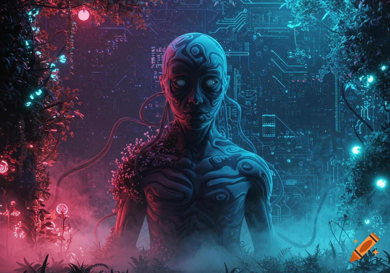 A dark digital art image of a creepy brain-skull creature with glowing ...