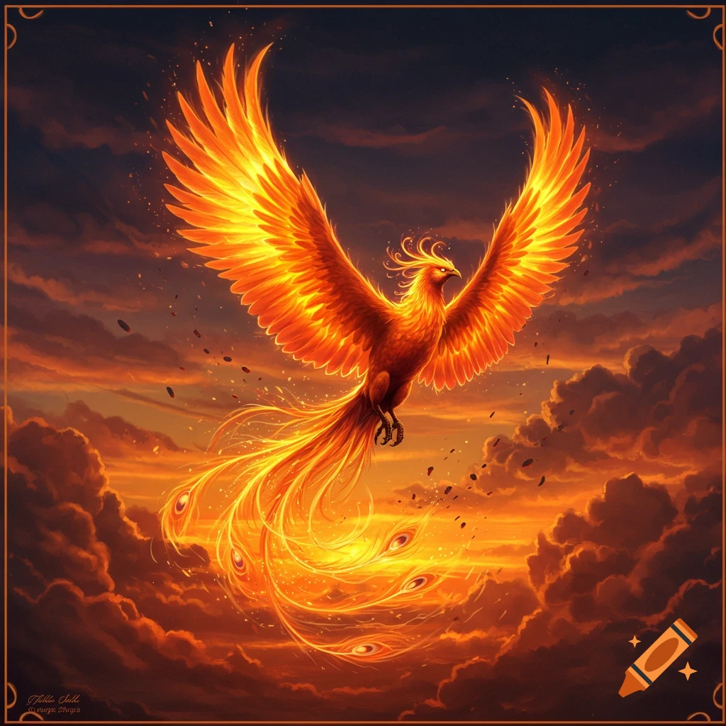 A vibrant phoenix with fiery orange and red wings soars above ancient ...