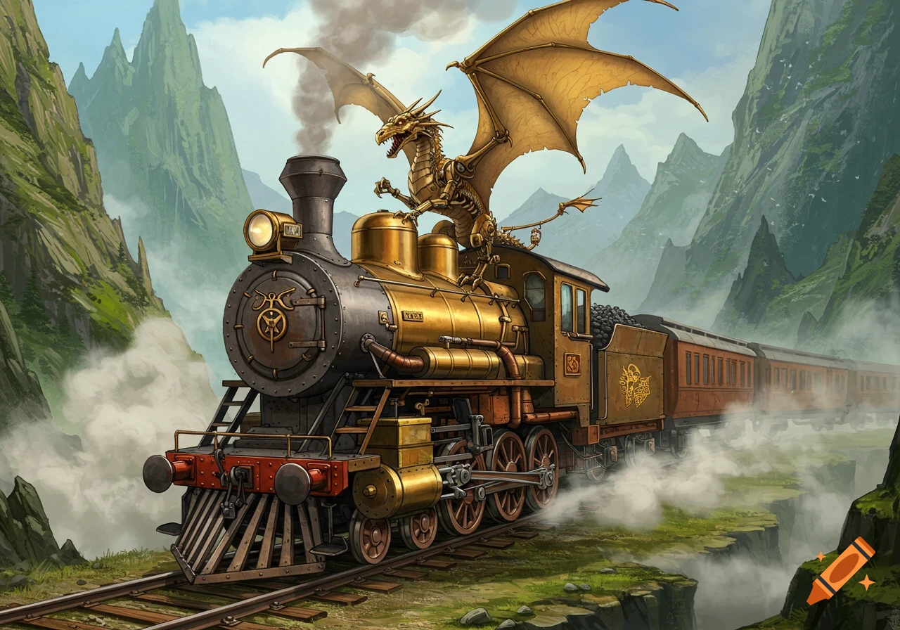 Steampunk train with a golden mechanical dragon on top, traveling ...