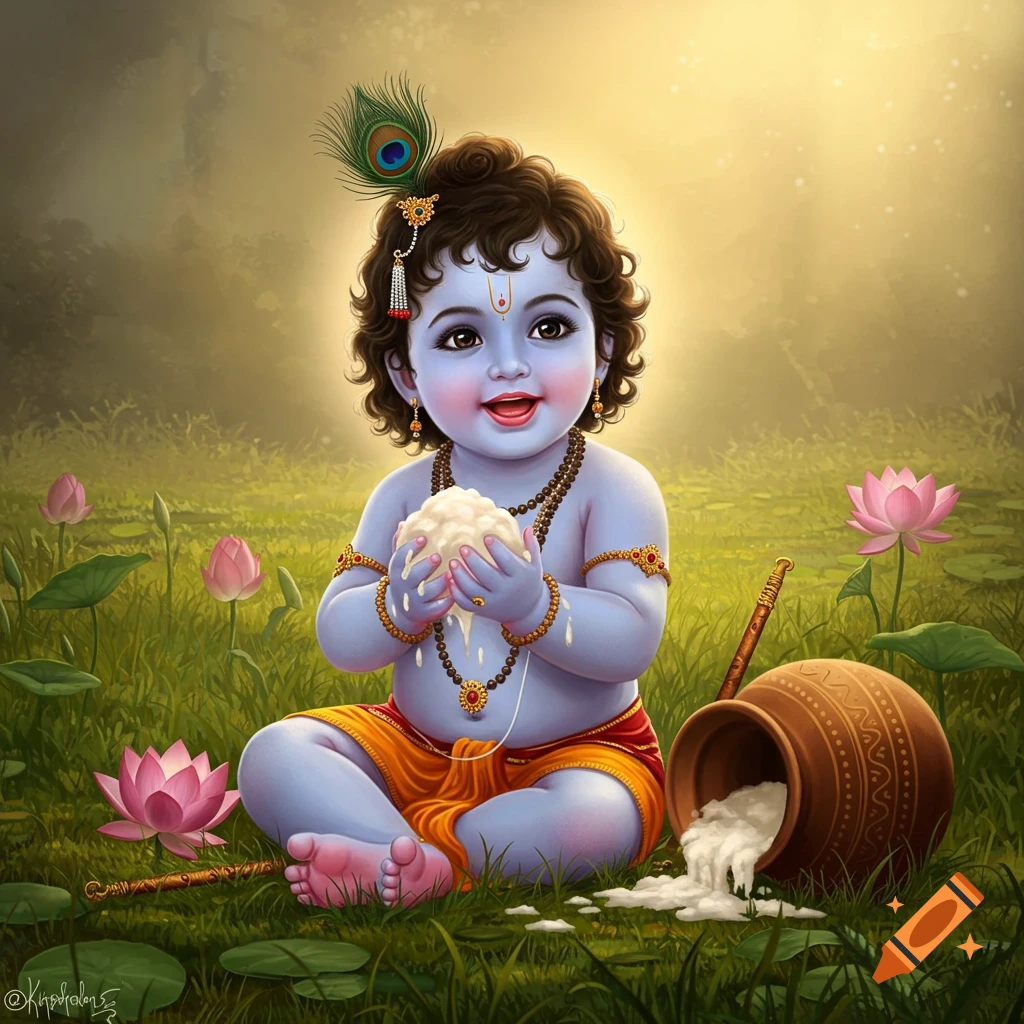 A colorful, vibrant painting of a four-armed Hindu deity, possibly ...