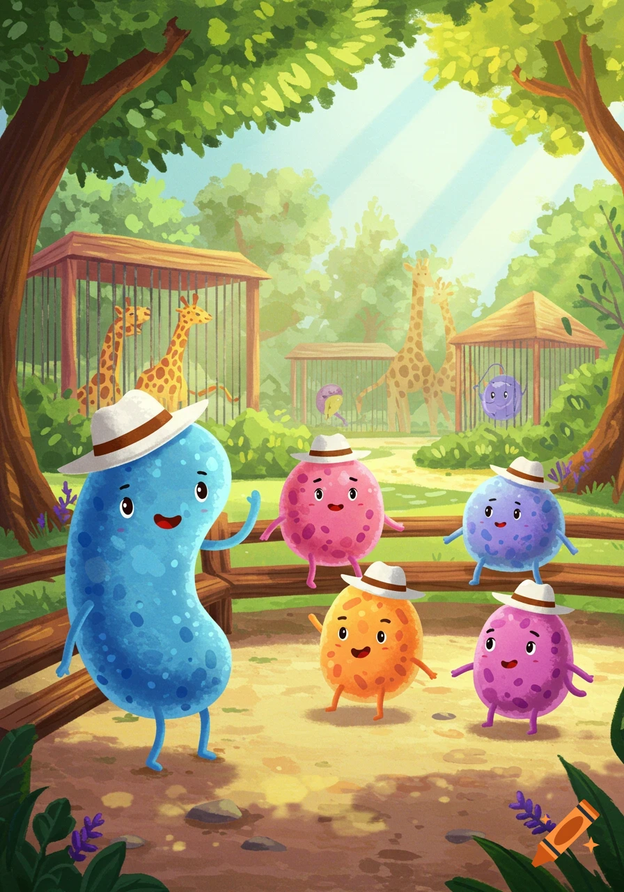 Cute blue bean-like character with a hat waves to colorful friends at a ...