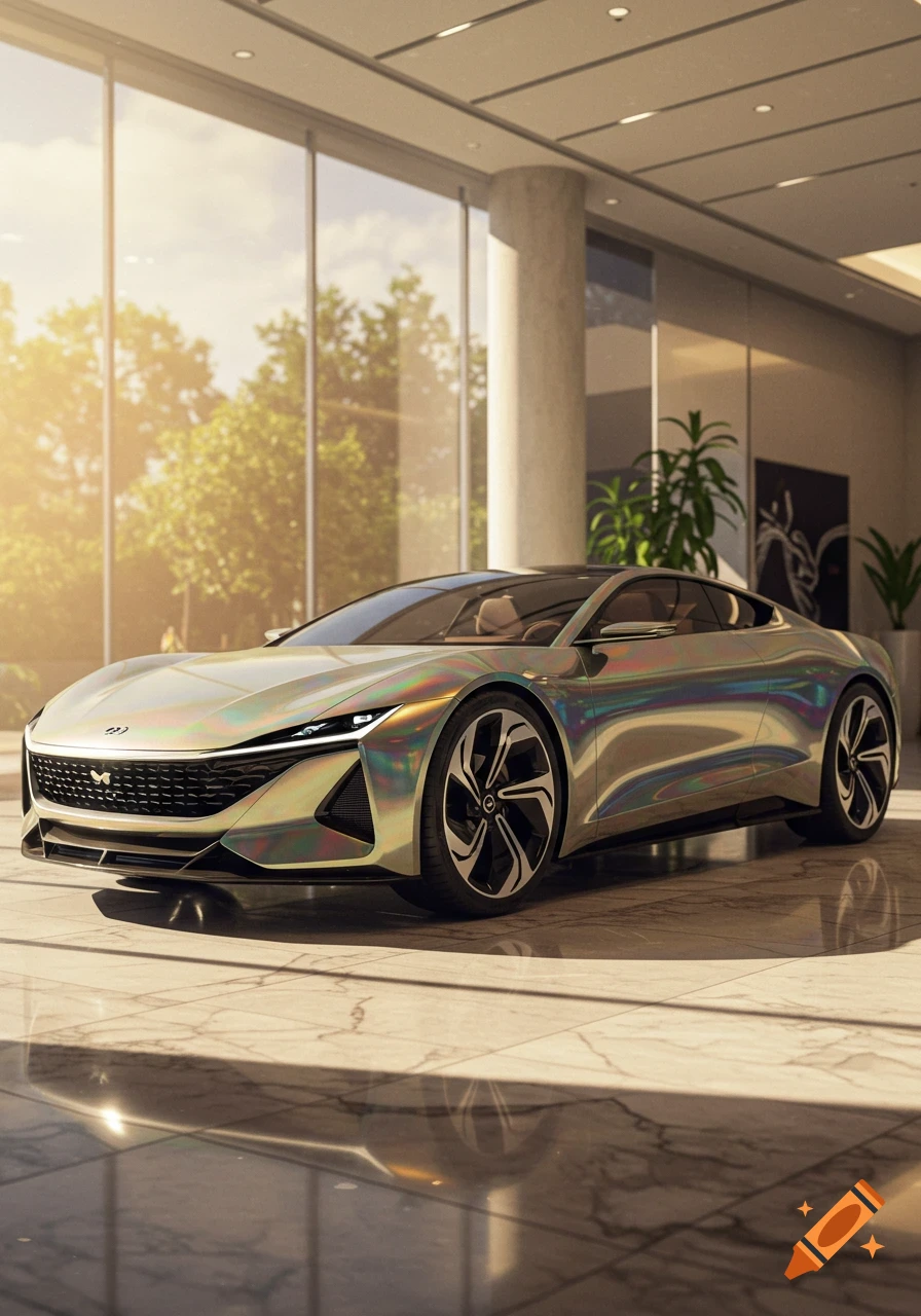 A vibrant sky blue metallic Toyota Mirai car is parked in a modern ...