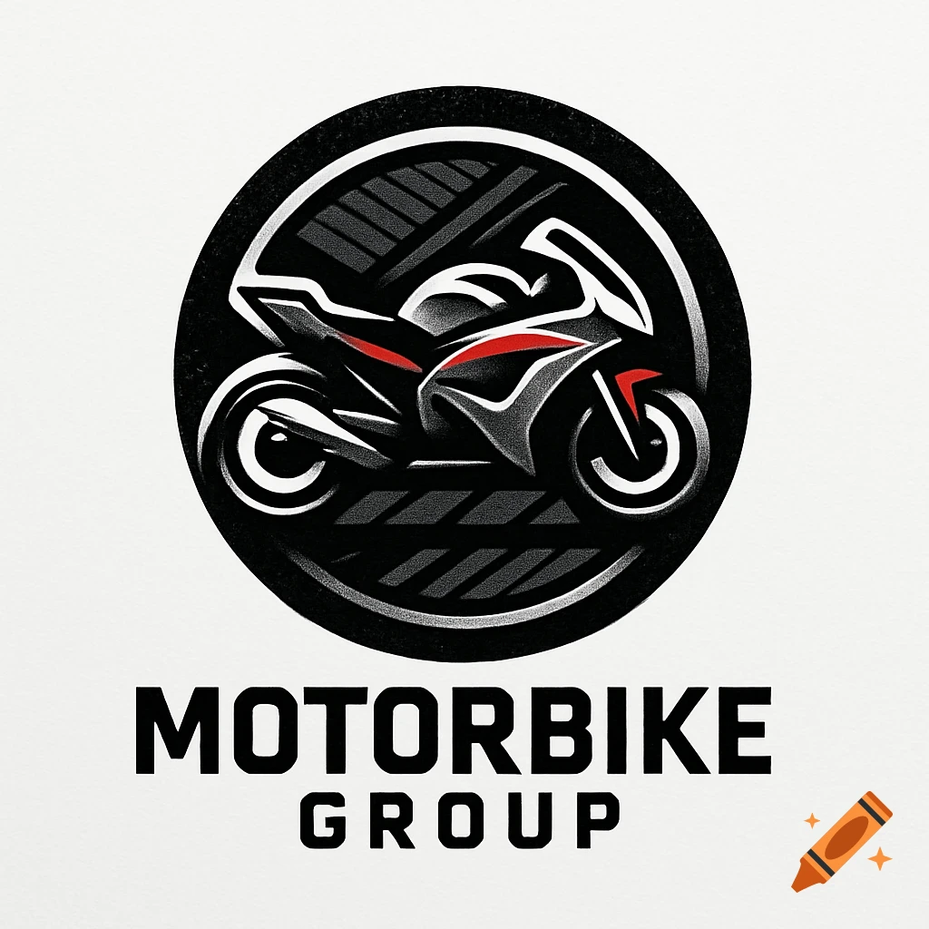 A black and white logo featuring a stylized red and gray motorbike ...