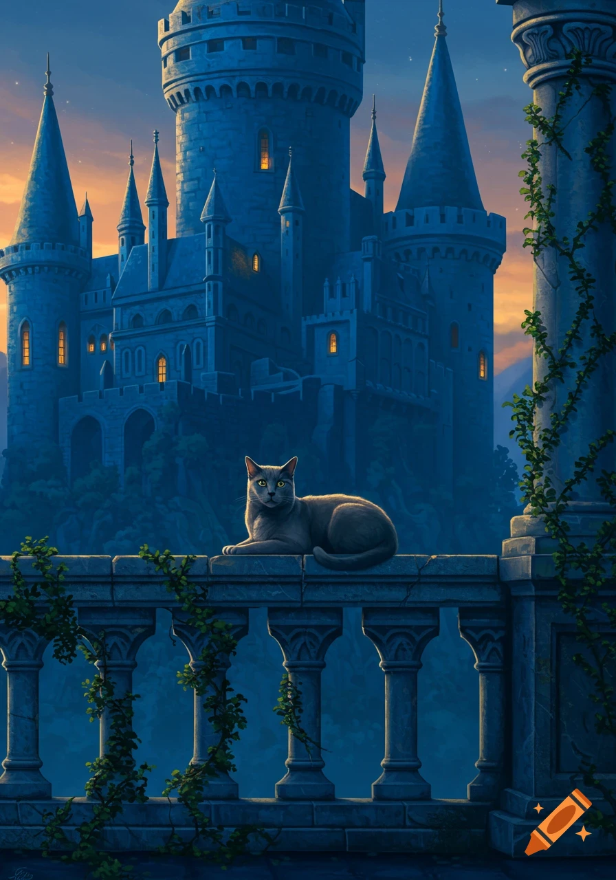 A black cat walks in a grand temple with sunlit marble floors and ...