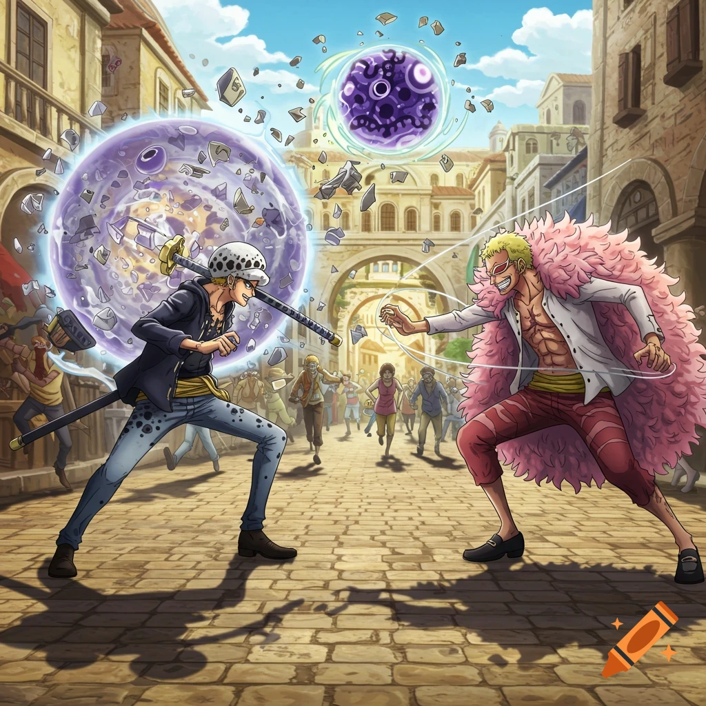 Anime illustration of Law and Doflamingo from One Piece clashing in a ...