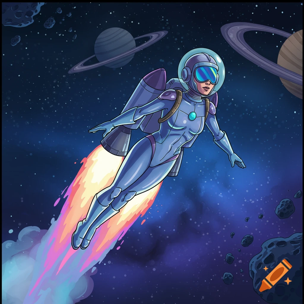 A cartoon superhero woman in a spacesuit flies through space with a ...