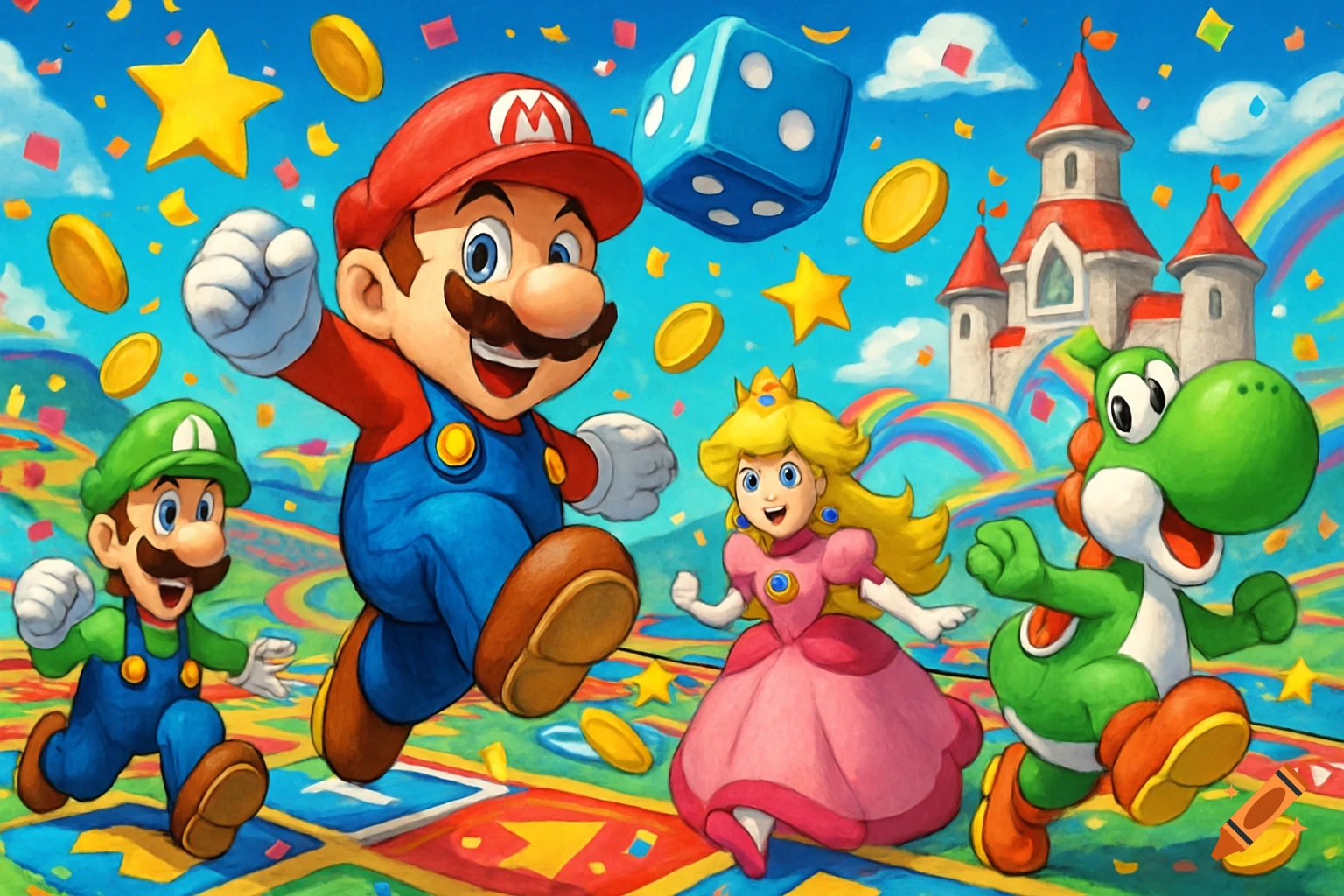Mario, Luigi, Peach, and Yoshi run joyfully across a vibrant, painterly ...