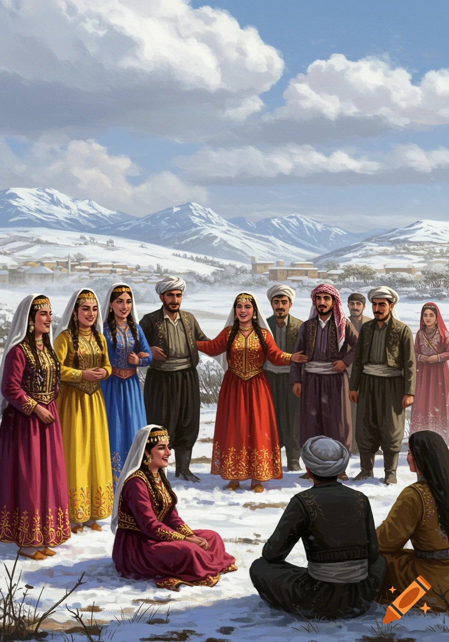 A painting of Kurdish people in bright, traditional dresses standing ...