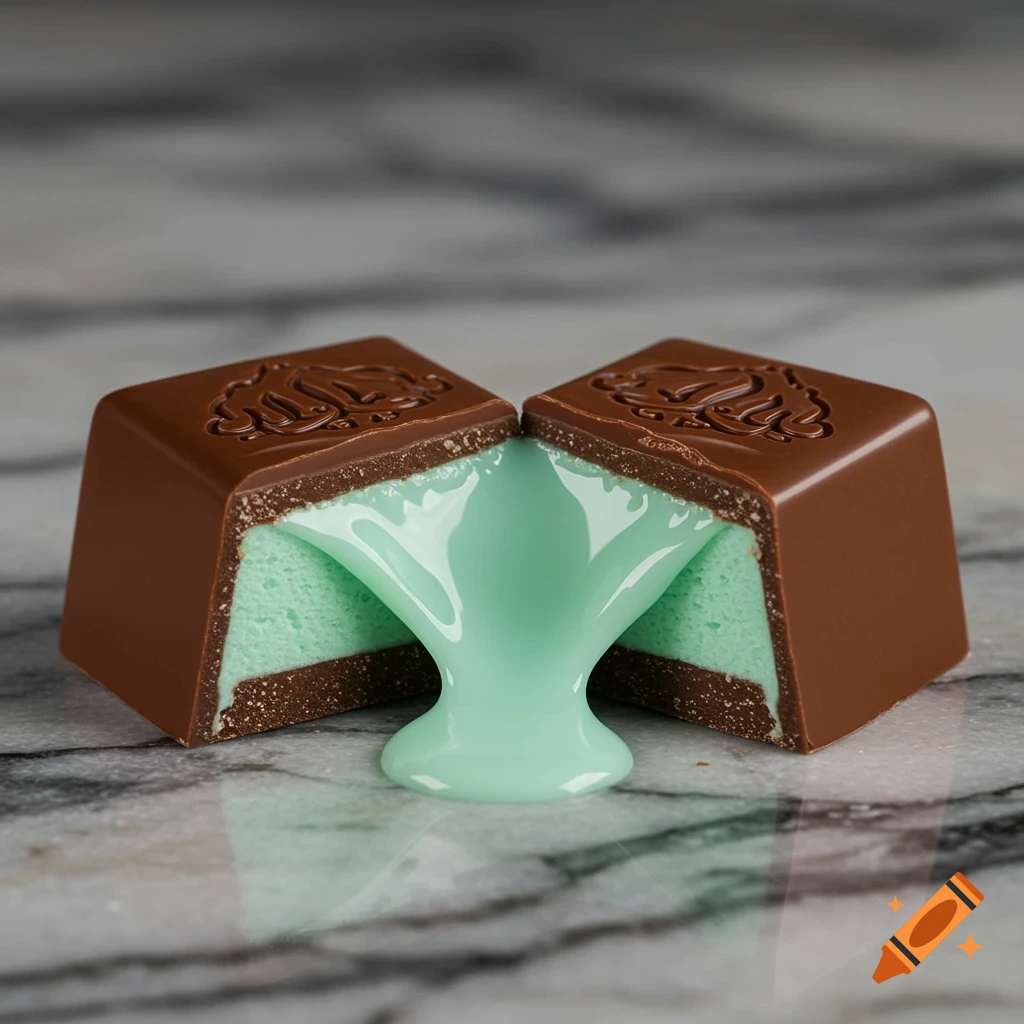 A photorealistic close-up of a chocolate square cracked open, revealing ...