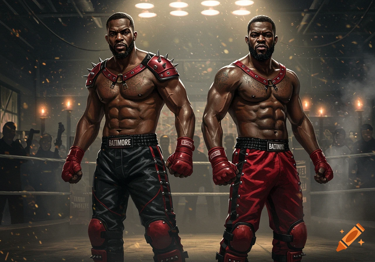 Two muscular boxers in a ring, one with red gloves and white shorts ...