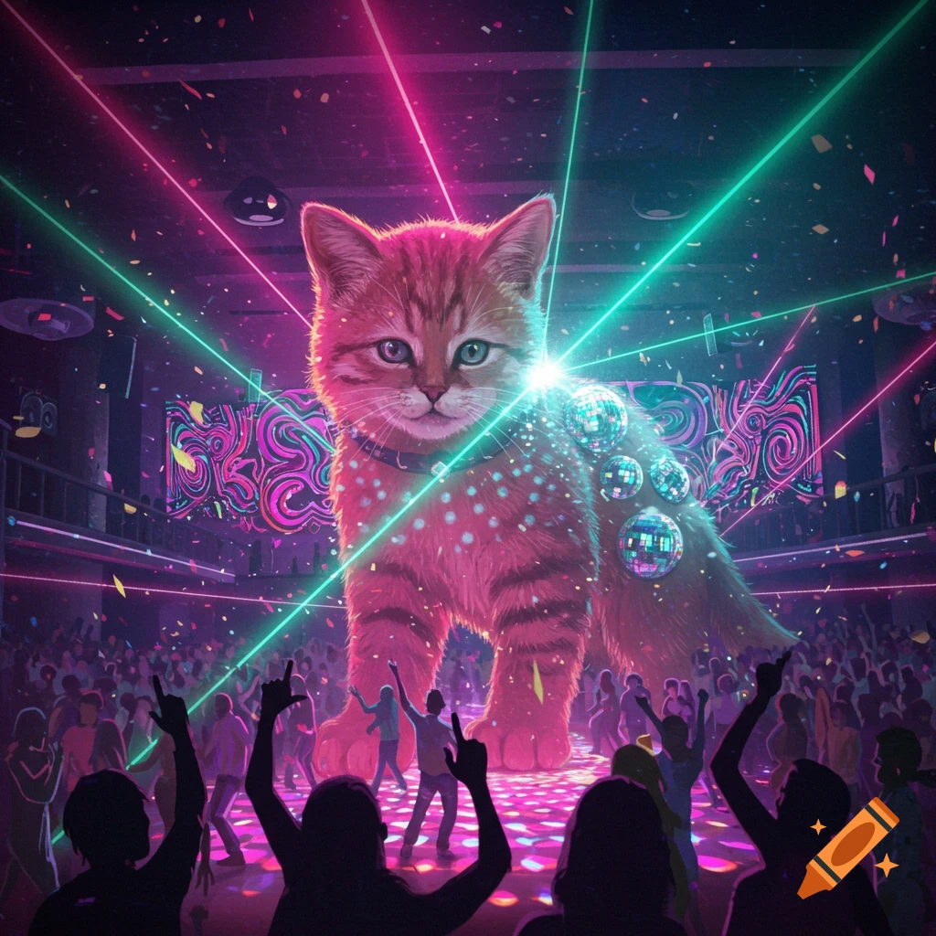 A giant, fluffy orange cat stands on a stage in a neon-lit disco ...