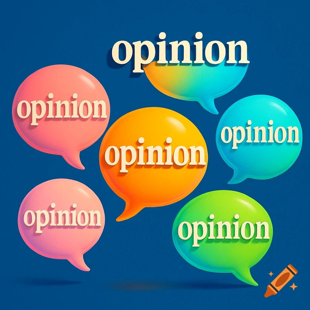 Five colorful 3D speech bubbles, each with the word 'opinion' written ...