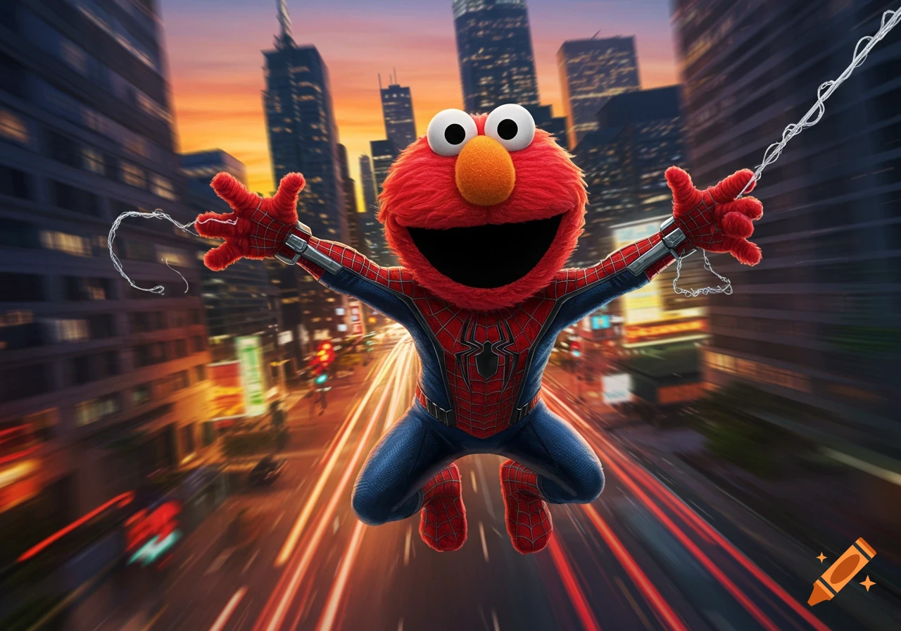 Elmo in a Spider-Man suit swings through a city at high speed, smiling ...