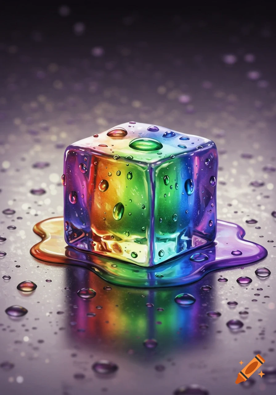 A vibrant, glowing rainbow-colored cube floats above a reflective, smoky surface, casting a ...