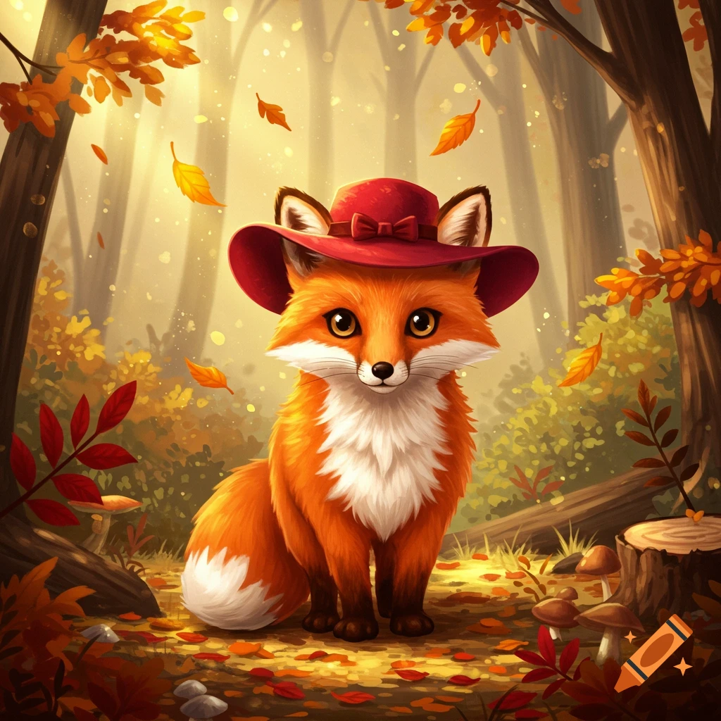 A cute, cartoon-style fox in a red hat sits in a vibrant autumn forest ...