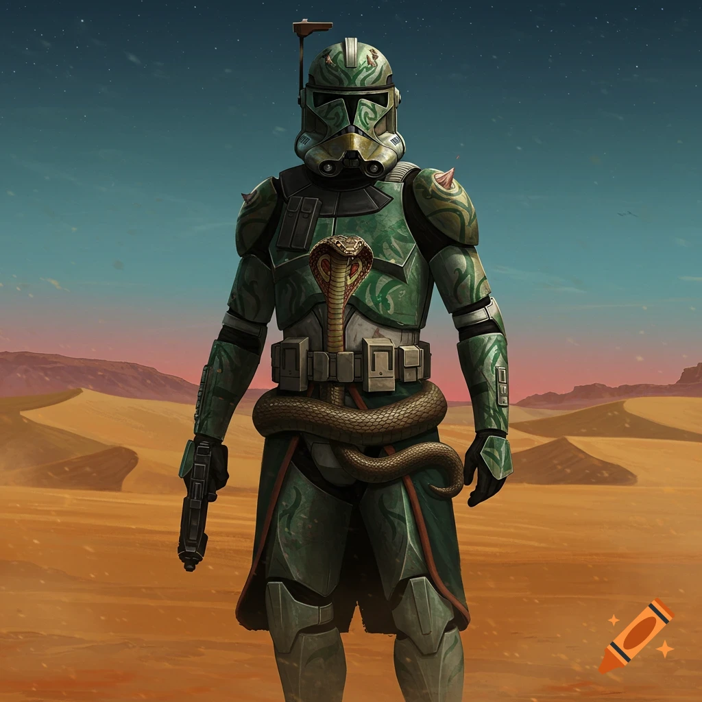 A green armored Star Wars clone trooper with a cobra wrapped around its ...