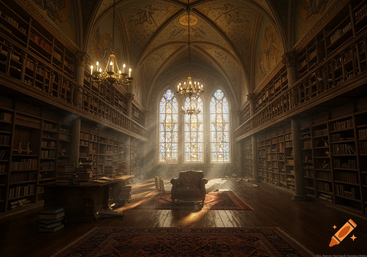 Ink drawing of an old man reading in a grand, gothic library with high windows and bookshelves ...