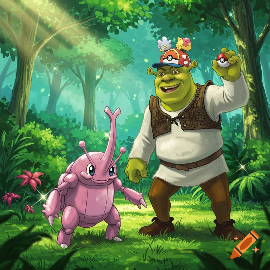 Shrek, holding a shield, confronts five Power Rangers wielding swords ...